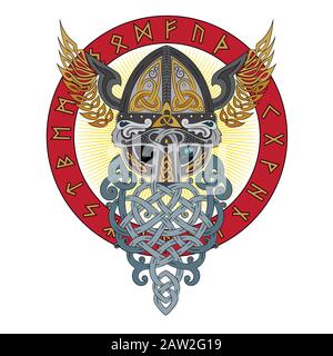 Illustration of a head of Norse mythology god, Odin with beard, hat and ...