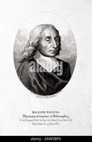 Engraved portrait of Blaise Pascal (1623 – 1662) French mathematician ...