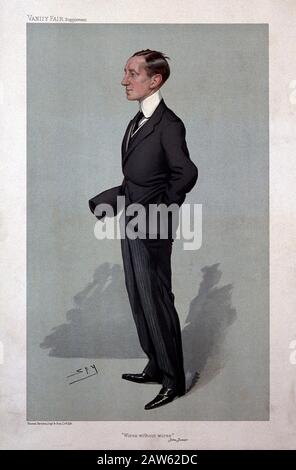 Caricature of Guglielmo Marconi (1874-1937) holding a "pure electric ...