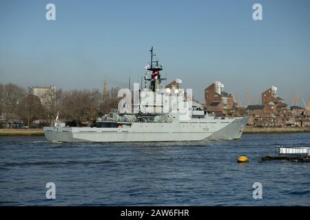 HMS Tyne (P281), a River-class patrol vessel of the Royal Navy, as she ...