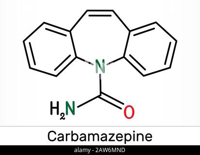 Carbamazepine, CBZ, C15H12N2O molecule. It is anticonvulsant and ...