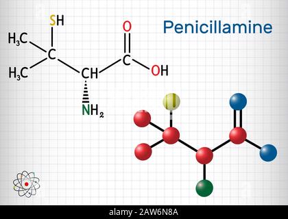 Penicillamine, D-penicillamine C5H11NO2S molecule. It is chelating ...