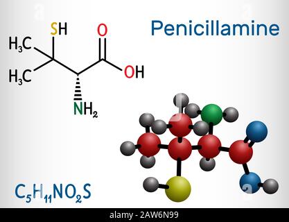 Penicillamine, D-penicillamine C5H11NO2S molecule. It is chelating ...