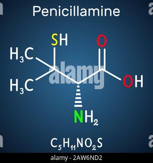 Penicillamine, D-penicillamine C5H11NO2S molecule. It is chelating ...