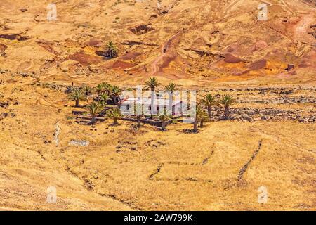 Ranch-like house / building in dry desert landscape with palms Stock ...