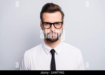 Photo of young man look attentively camera no emotions wear plaid ...