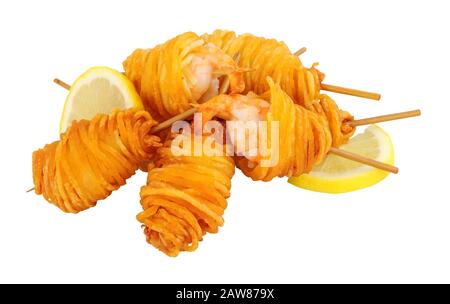 Potato string spiral wrapped sweet king prawns on wooden skewers ...
