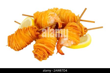 Potato string spiral wrapped sweet king prawns on wooden skewers ...