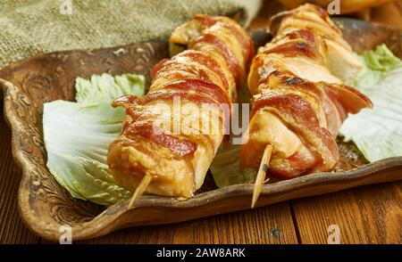 Bacon Bourbon Bbq Chicken Kebabs Best Grilled Recipe Close Up Stock