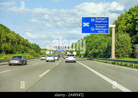 motorway road sign on (Autobahn A8 / Bundesstrasse B27) direction ...