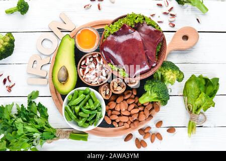 Food containing natural iron. Fe: Liver, avocado, broccoli, spinach ...