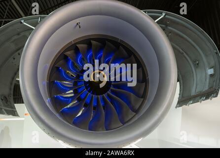 engine front-fan blades and spinner of an IAE V2527-A5 jet-engine on an ...