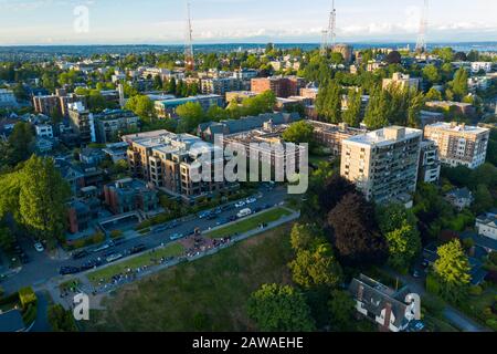 aerial view of Queen Anne neighborhood and downtown Seattle, Washington ...