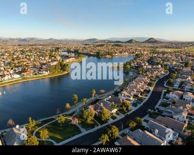 Aerial view of Menifee Lake and neighborhood, residential subdivision ...