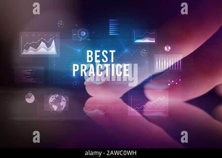 Finger touching tablet with charts and BEST PRACTICE inscription ...