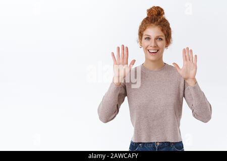 Enthusiastic cheerful redhead woman lively smiling laughing joyfully ...