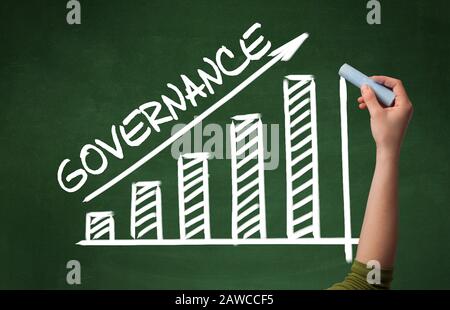 Hand drawing GOVERNANCE inscription with white chalk on blackboard ...