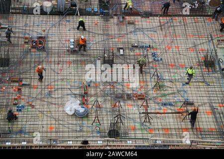 Aerial view of men and materials during the construction of a 42-story ...