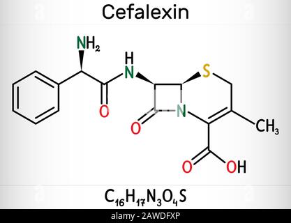 Cefalexin antibiotic drug molecule (cephalosporin, first generation ...