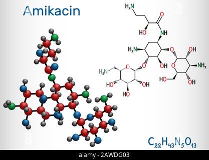 Amikacin, C22H43N5O13 molecule. It is aminoglycoside antibiotic, it ...