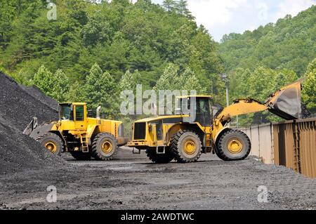 Large Loaders loading a Stock Pile of Coal into Rail Cars Stock Photo ...