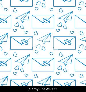 Seamless pattern with paper airplane, envelope, smartphone, sms, hearts ...