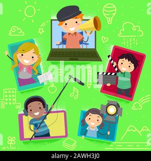 Illustration of Stickman Kids Using Mobile Phone and Video Game ...