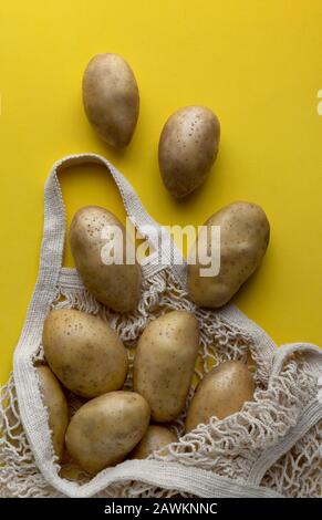 Raw potatoes in a string bag. The concept of harvesting, organic food ...
