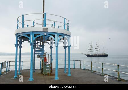 The Tall Ship Tenacious approaching Weymouth harbour in Dorset. The ...