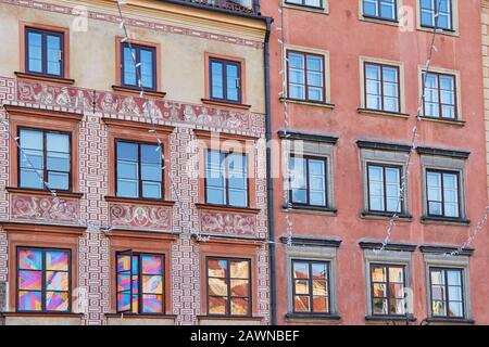 Buildings fasade, rebuild after WWII in Warsaw old town square, Poland ...
