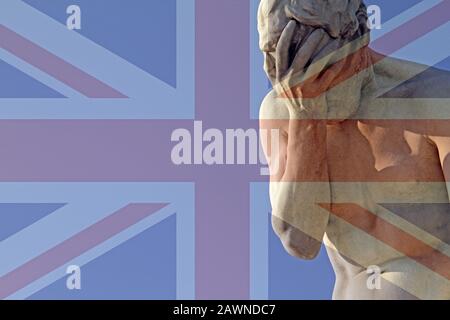 Statue of a man showing disappointment reflected on the flag of the UK ...