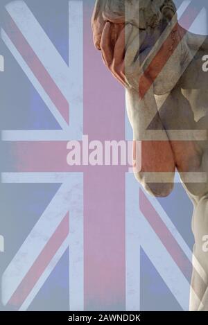 Statue of a man showing disappointment reflected on the flag of the UK ...