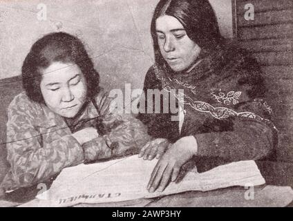 Archival photo of happy soviet collective kolkhoz farmers in the era of ...