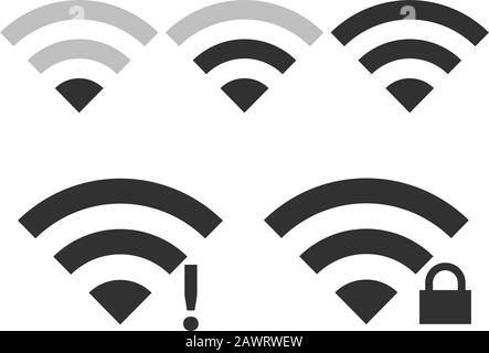 Wifi symbol and exclamation mark icon. Jamming wireless internet signal. Wi-Fi error. Failure ...