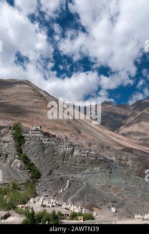 Aerial view of Diskit Gompa monastery surrounded by mountains with snow ...