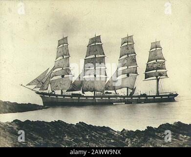The four-masted sailing ship Liverpool is shown under full sail near ...
