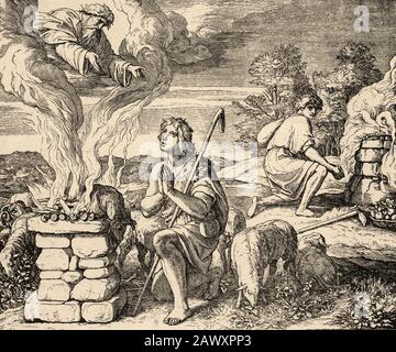 Cain and Abel offering his sacrifice. Engraving by Gustave Dore (1832 ...