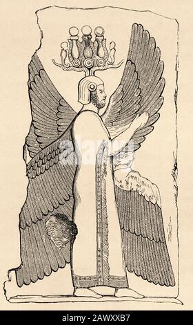 Bas-relief of Cyrus II, King of ancient Persia. Hand-colored woodcut ...