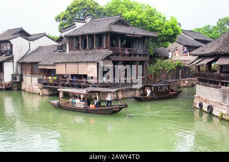 August 29, 2015. Wuzhen Town, China. A stone bridge over the water ...