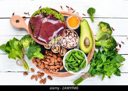 Food containing natural iron. Fe: Liver, avocado, broccoli, spinach ...