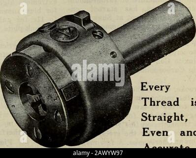 Steel metalworking die at cutting screw thread on a brass rod. Sharp ...