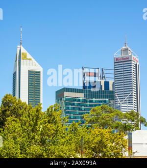 Tower and skyscraper head office of mining company BHP in Perth WA ...
