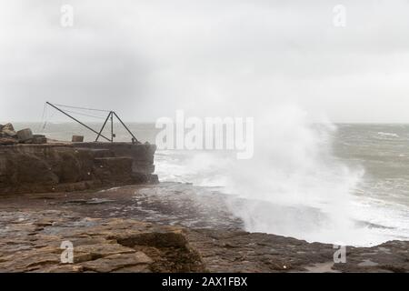 Portland Bill, UK, 10/02/20, Storm Ciara Portland Bill lighthouse as ...