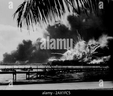 USS SHAW exploding during the Japanese raid on Pearl Harbor, T.H ...