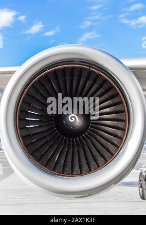 Front engine cowling and turbine blades of the engine of a Boeing 737 ...