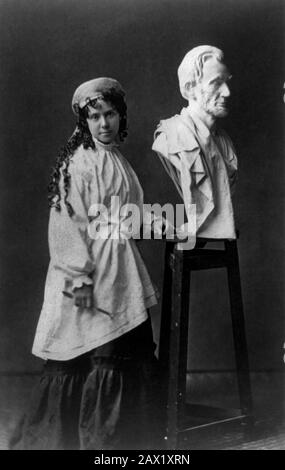 Vinnie Ream at work upon her Lincoln bust which rests upon the stand ...