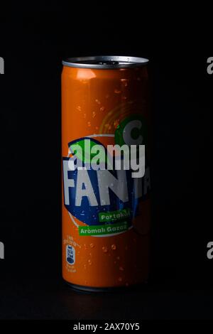 Mersin, Turkey - February 2020. Chilled Sprite can with water drops and ...