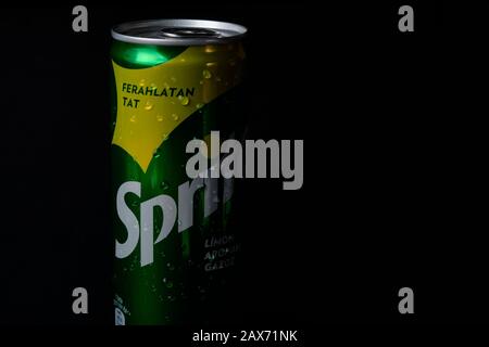 Mersin, Turkey - February 2020. Chilled Sprite can with water drops and ...