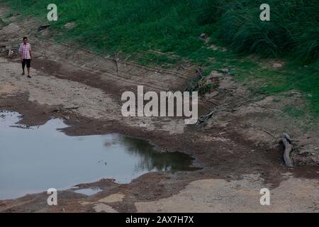 A villager walks in a dry Yom River during a drought season in Phichit ...