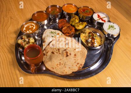 Mutton Thali with vegetables, rice and rotis Stock Photo - Alamy